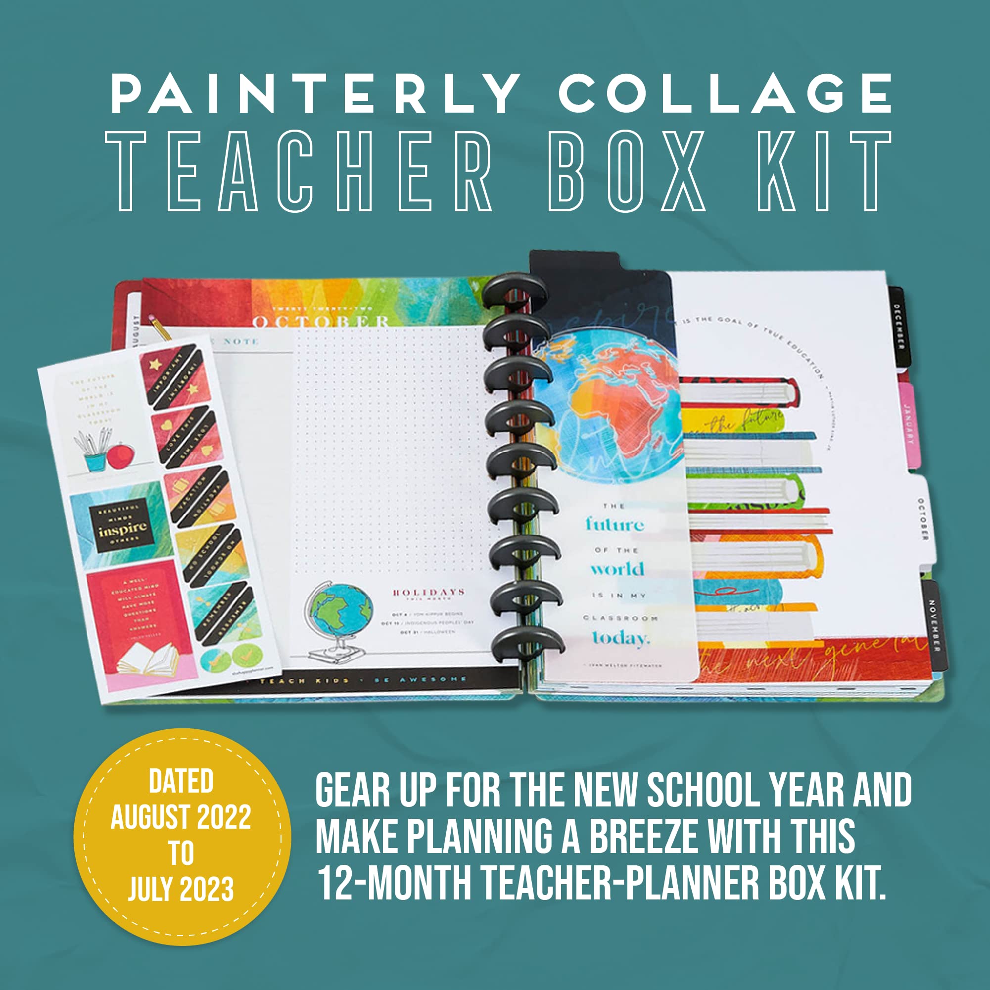 Happy Planner 12-Month Teacher Lesson-Planner Box Kit, Includes Dated Teacher Planner and More, July 2023–June 2024, Big Size, Teacher Notes Theme, 14 1/2 Inches by 10 1/4 Inches