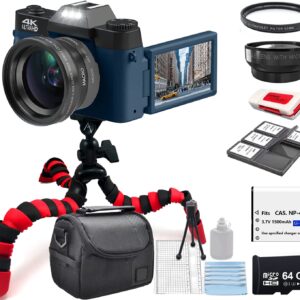 eDealz 4K 48MP Digital Camera Kit Photography Vlogging Camera for YouTube with Flip Screen, WiFi, Wide Angle & Macro Lens, 64GB Micro SD Card, 12" Flexible Tripod, Carrying Case, Card Reader (Navy)