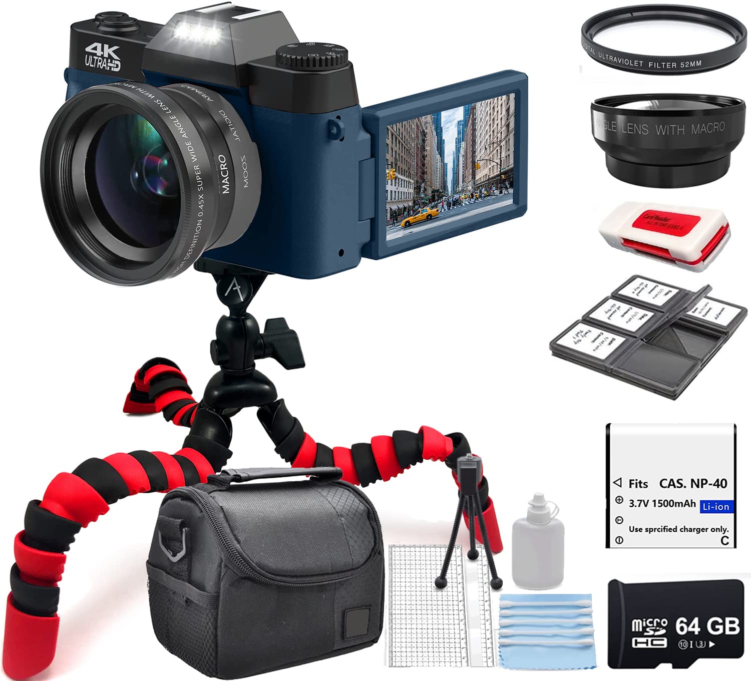 eDealz 4K 48MP Digital Camera Kit Photography Vlogging Camera for YouTube with Flip Screen, WiFi, Wide Angle & Macro Lens, 64GB Micro SD Card, 12" Flexible Tripod, Carrying Case, Card Reader (Navy)