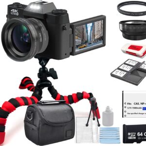 eDealz 4K 48MP Digital Camera Kit Photography Vlogging Camera for YouTube with Flip Screen, WiFi, Wide Angle & Macro Lens, 64GB Micro SD Card, 12" Flexible Tripod, Carrying Case, Card Reader (Black)