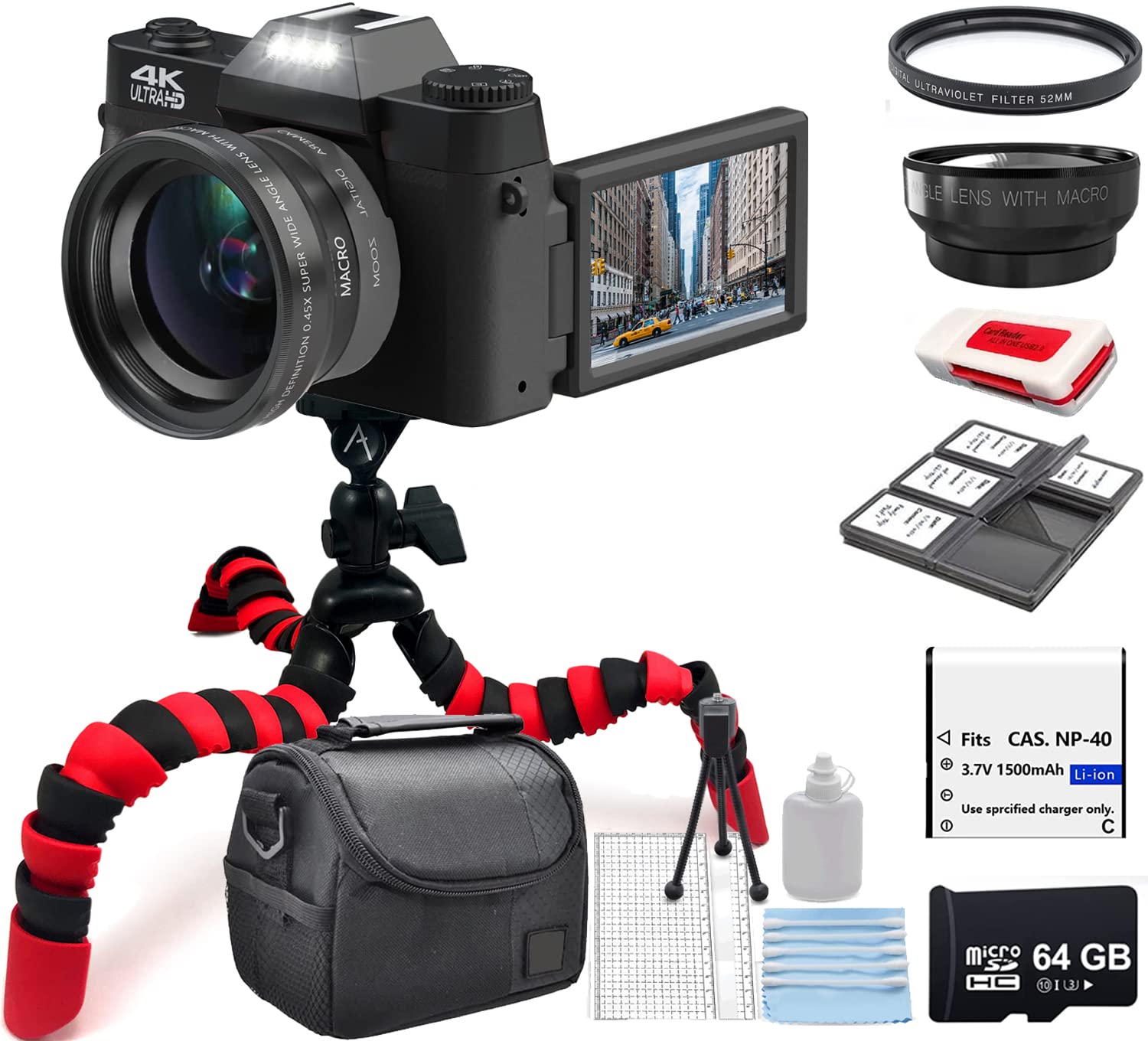 eDealz 4K 48MP Digital Camera Kit Photography Vlogging Camera for YouTube with Flip Screen, WiFi, Wide Angle & Macro Lens, 64GB Micro SD Card, 12" Flexible Tripod, Carrying Case, Card Reader (Black)