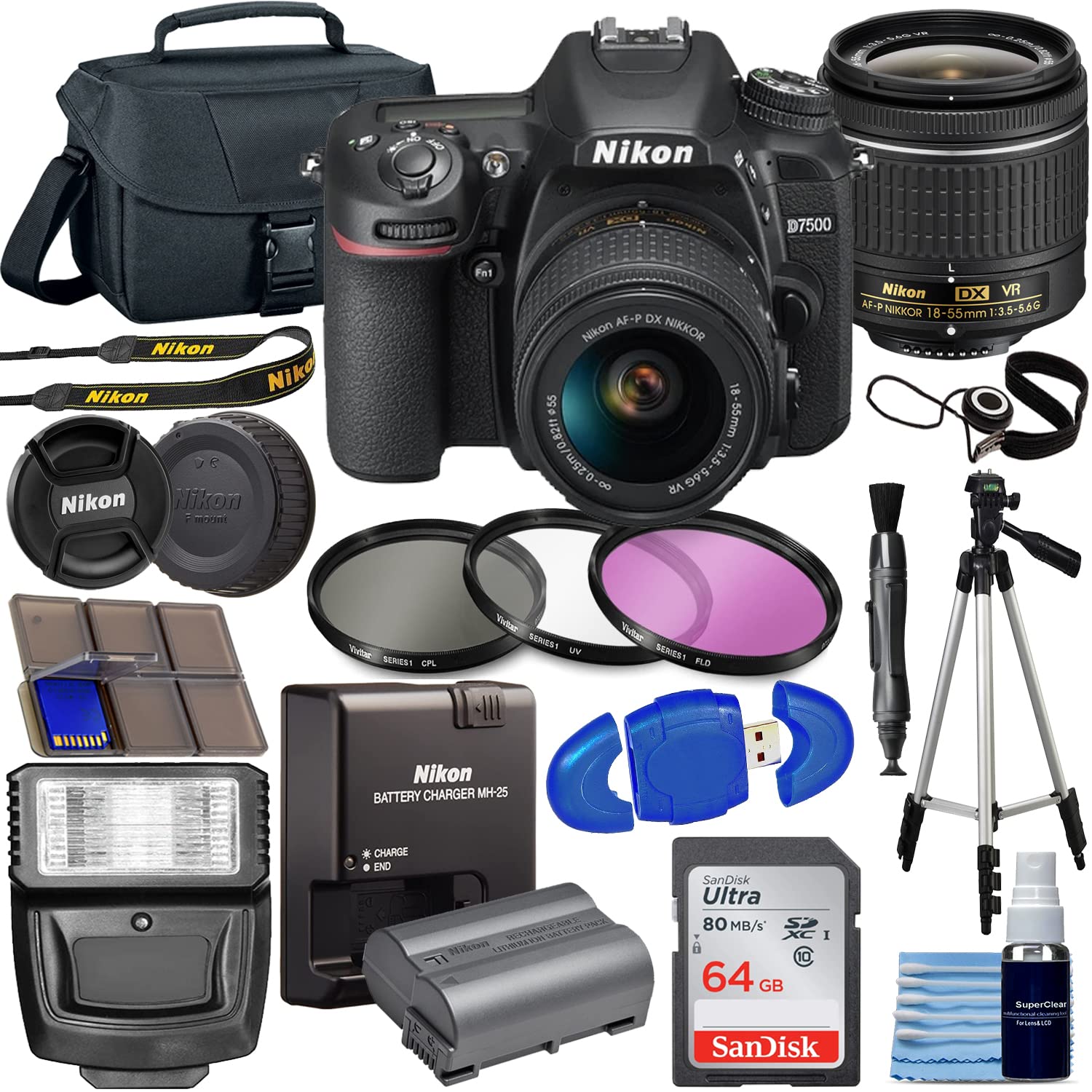 Nikon D7500 DSLR Camera with 18-55mm VR Lens + 64GB Card, Tripod, Flash, 3 Piece Filter Kit, Carrying Case + More