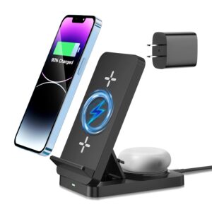 wireless charging station foldable 3 in 1 wireless charger for apple multiple devices, 18w fast charging stand for iphone 15/14/13/12/11/x pro max, airpods, iwatch, samsung galaxy phone series