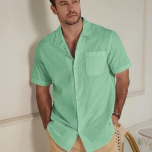 JEKAOYI Men's Button Down Cotton Linen Shirts Short Sleeve Cuban Collar Summer Casual Beach Shirts with Pocket Green