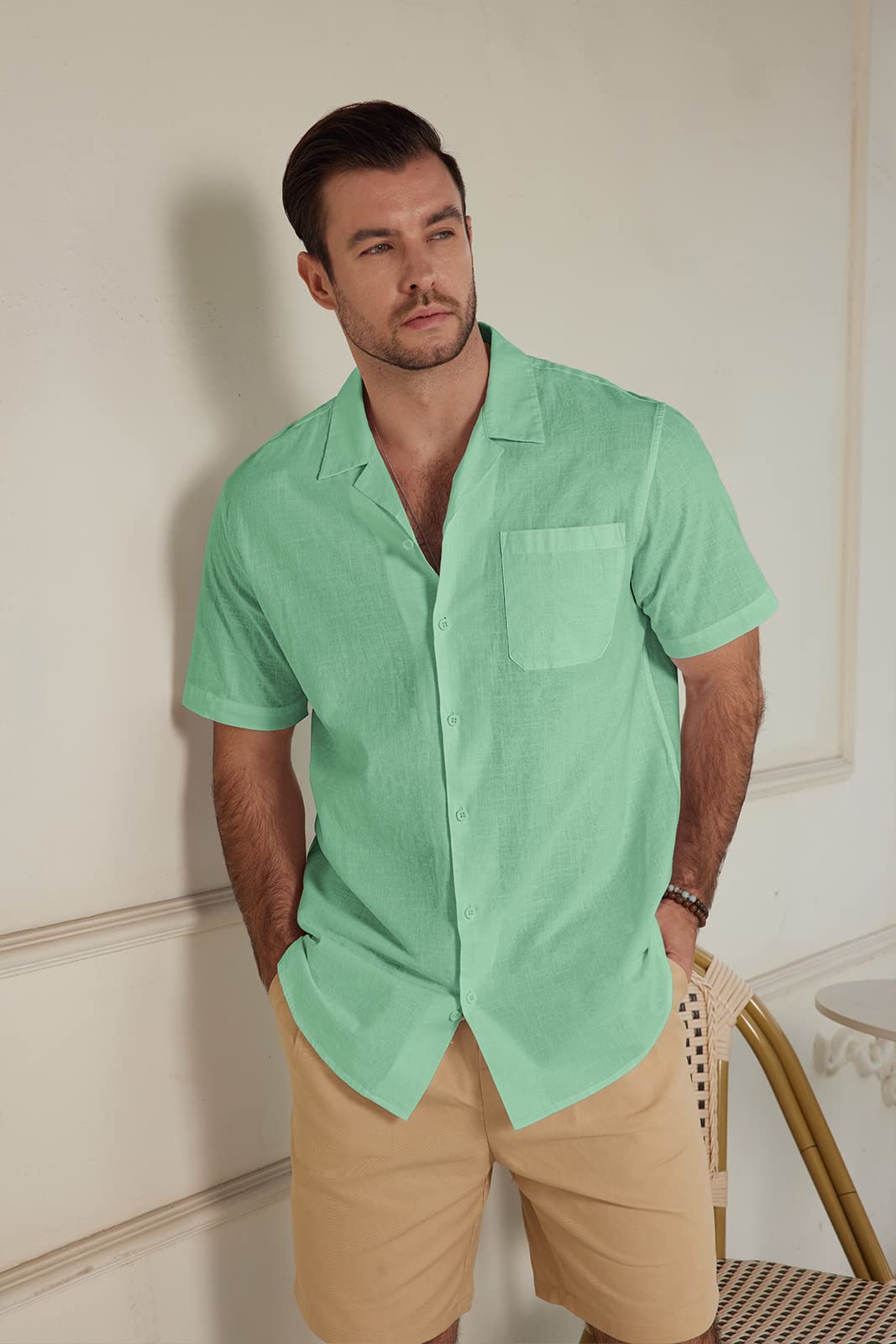 JEKAOYI Men's Button Down Cotton Linen Shirts Short Sleeve Cuban Collar Summer Casual Beach Shirts with Pocket Green