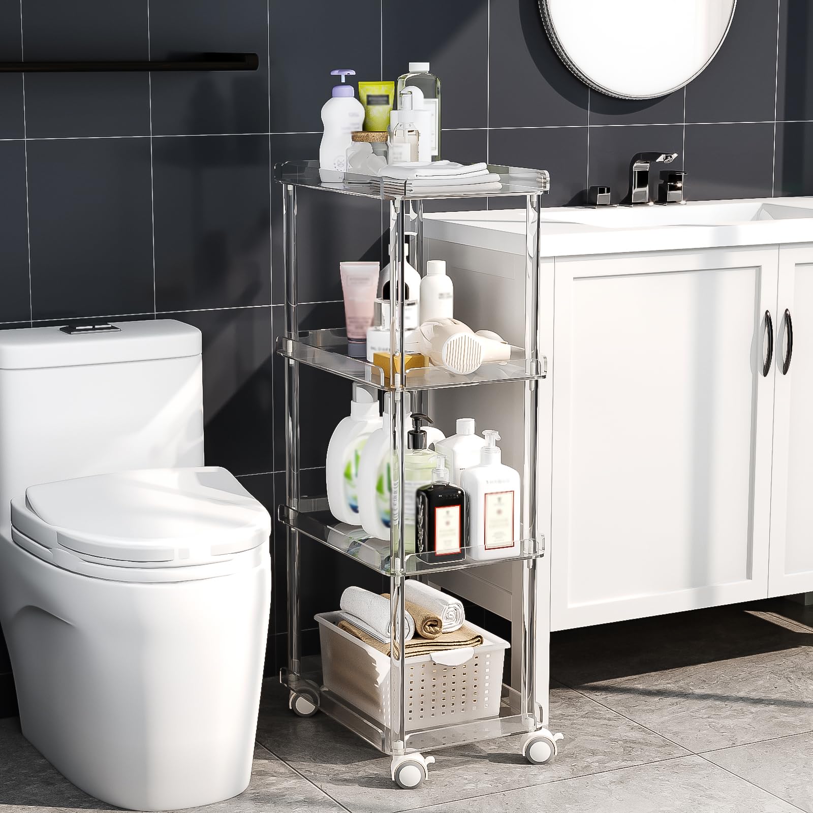 AQUIVER Acrylic Slim Storage Cart - 4 Tiers Narrow Rolling Cart - Utility Cart for Kitchen, Bathroom, Living Room, Laundry - 15.6 '' L x 10.2 '' W x 33.9 '' H