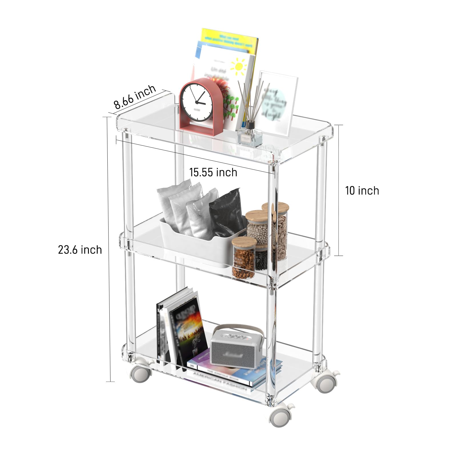 AQUIVER Acrylic Slim Storage Cart - 4 Tiers Narrow Rolling Cart - Utility Cart for Kitchen, Bathroom, Living Room, Laundry - 15.6 '' L x 10.2 '' W x 33.9 '' H