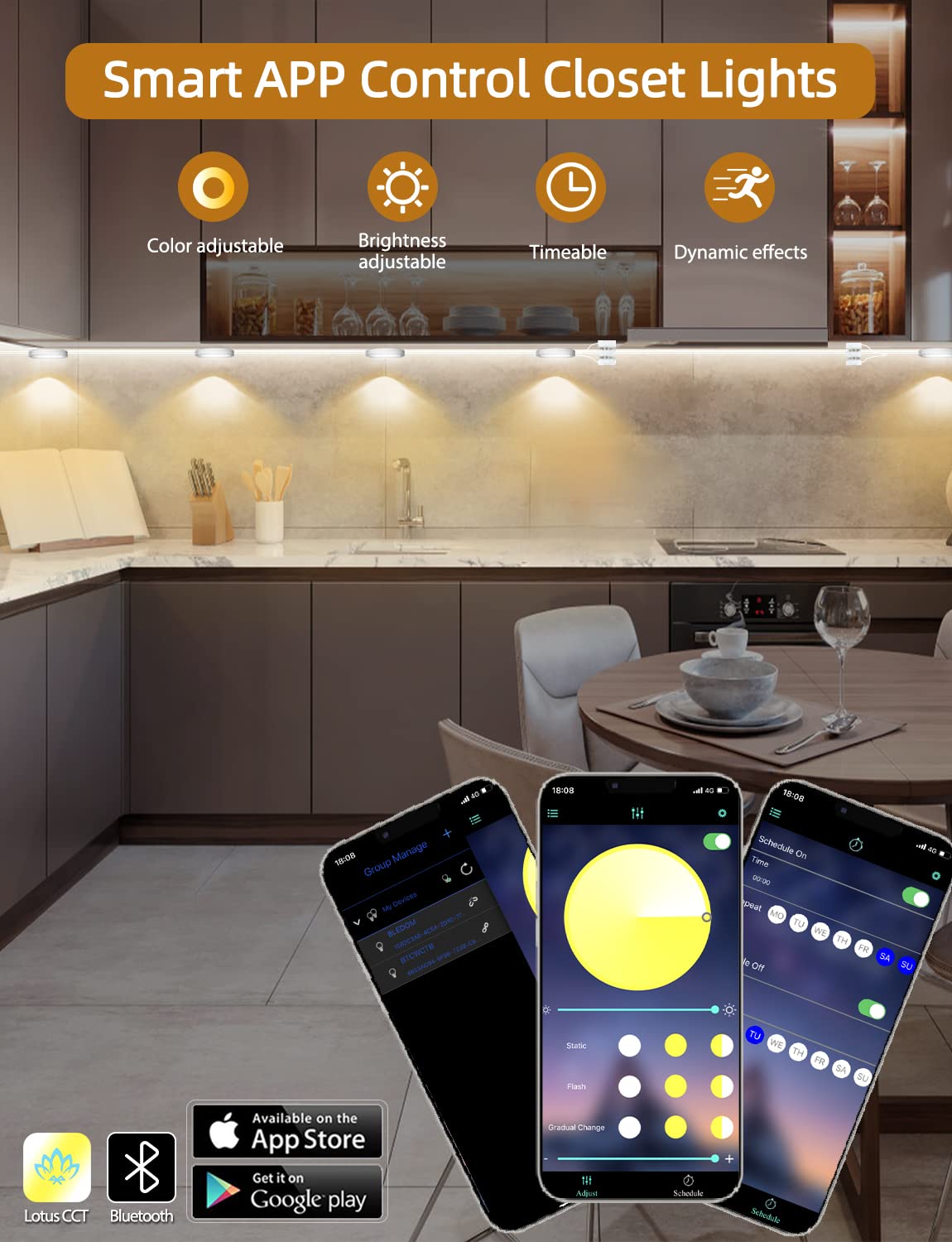 MATICOD Under Cabinet Lights Plug in Dimmable White LED Under Cabinet Lighting, Bluetooth Smart APP Remote Control Closet Lights Kitchen Lights, Under Counter Lights for Kitchen, Cabinet