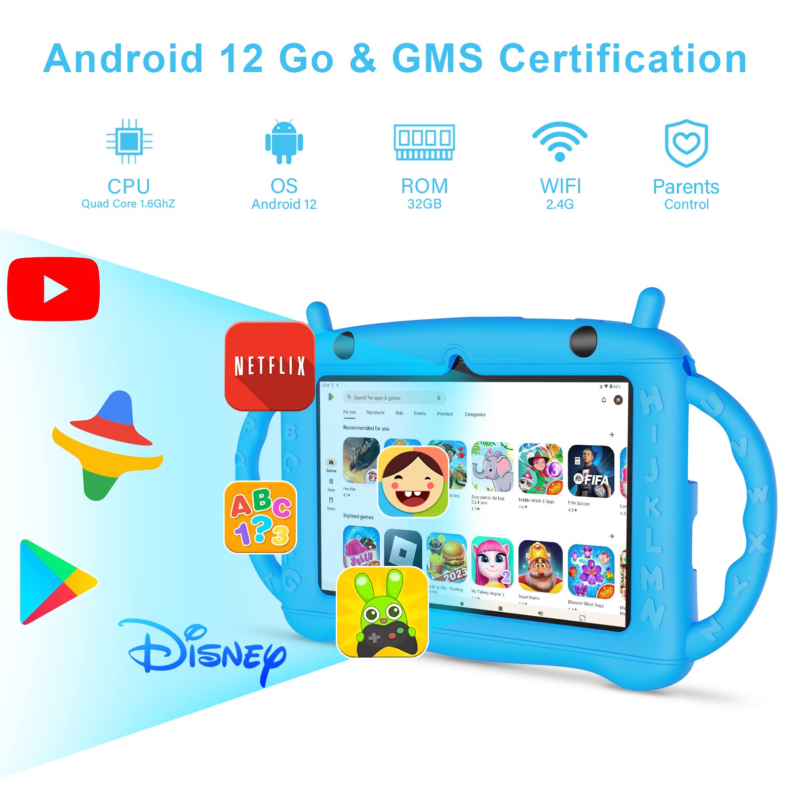 MOOKIA Kids Tablet Android 12 Tablet for Kids 7 inch Learning Tablet Quad-Core 32GB GMS Certified WiFi Bluetooth 4.2 Dual Camera Parental Control with Drop-Proof Case (Blue)