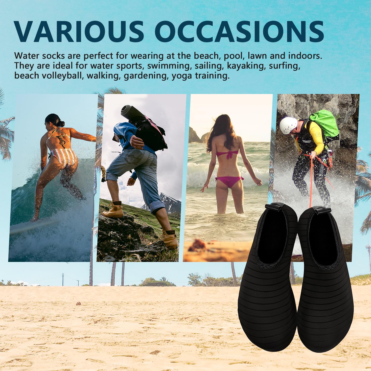 Womens Mens Water Shoes Barefoot Slip-On Quick Dry Non Slip Aqua Socks for Beach Swim Yoga Exercise Sports, 1 Black, 7.5-8.5 Women/6.5-7.5 Men