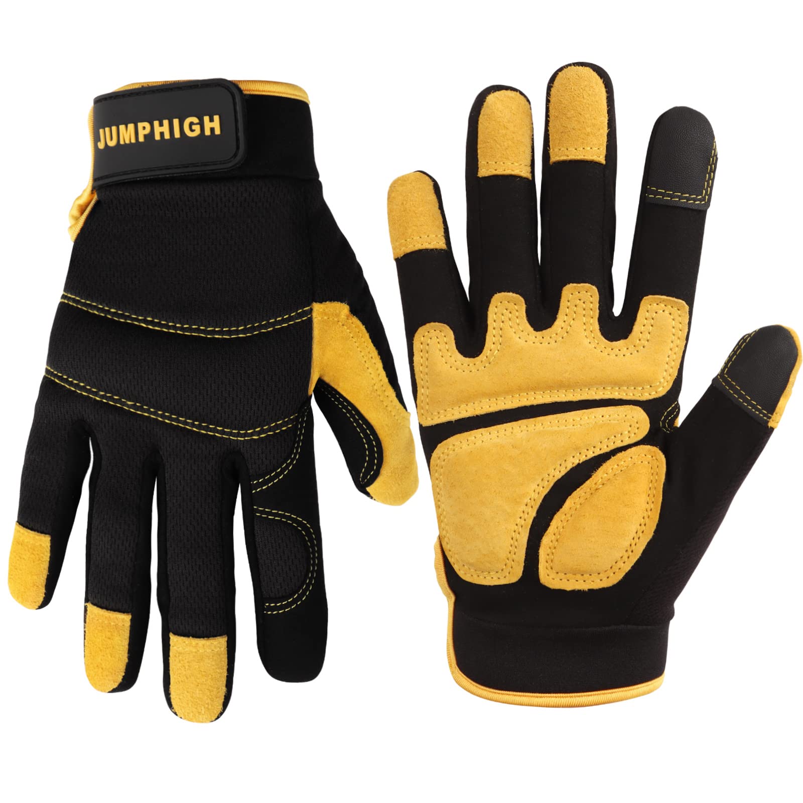 JUMPHIGH Mens Work Gloves, Synthetic Leather Mechanic Gloves Utility Gloves, Touchscreen Working Gloves for Multipurpose, Construction, Warehouse, Truck Driving(Yellow/L)