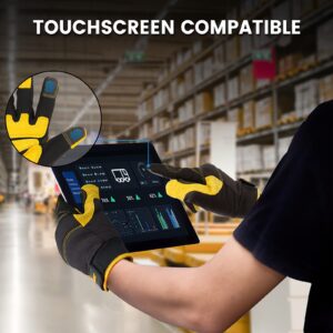 JUMPHIGH Mens Work Gloves, Synthetic Leather Mechanic Gloves Utility Gloves, Touchscreen Working Gloves for Multipurpose, Construction, Warehouse, Truck Driving(Yellow/L)