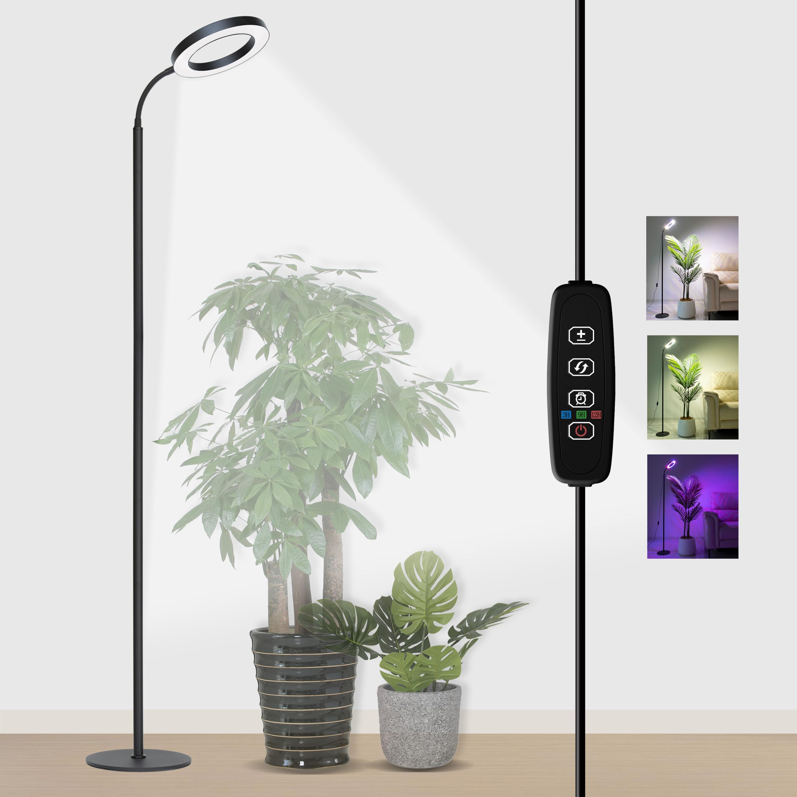 Geciliaoran Grow Light for Indoor Plants, Full Spectrum LED Halo Tall Plant Growing Lights with Stand, Height Adjustable Growth Floor Lamp with Automatic Timer, Dimmable Brightness for Large Plant