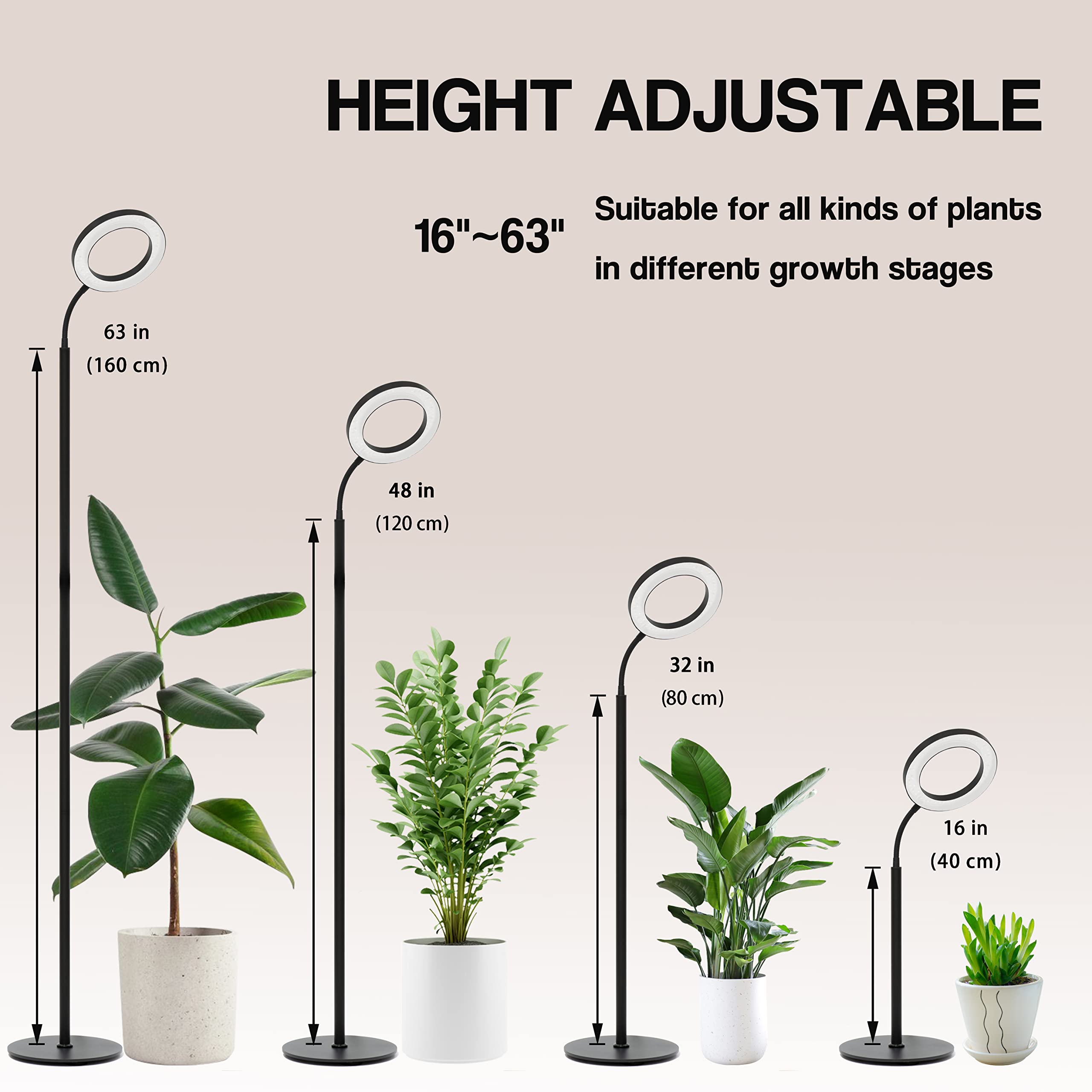 Geciliaoran Grow Light for Indoor Plants, Full Spectrum LED Halo Tall Plant Growing Lights with Stand, Height Adjustable Growth Floor Lamp with Automatic Timer, Dimmable Brightness for Large Plant