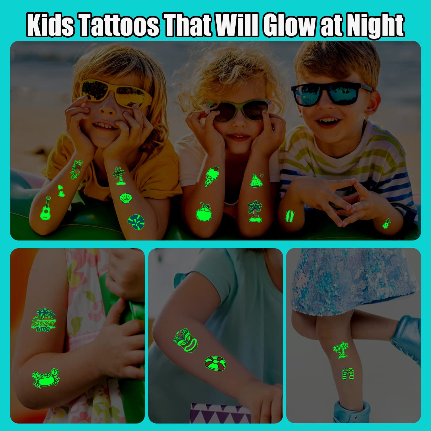 Partywind 204 Styles Luminous Hawaiian Party Supplies for Kids, Individually Wrapped Sheets Glow Hawaiian Luau Temporary Tattoos for Boys Girls Goodie Bag Stuffers, Summer Beach Party Decorations