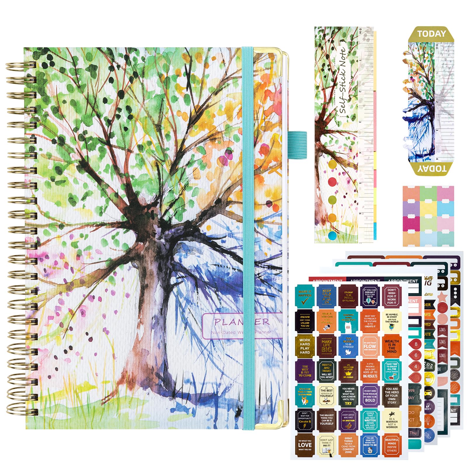 Ospelelf Weekly Planner with Stickers Undated Personal Monthly Life Goals Planners 2024 Agenda Notebook Hardcover Spiral Binding Habit Tracker Journal Booklet Size Season Tree Pattern