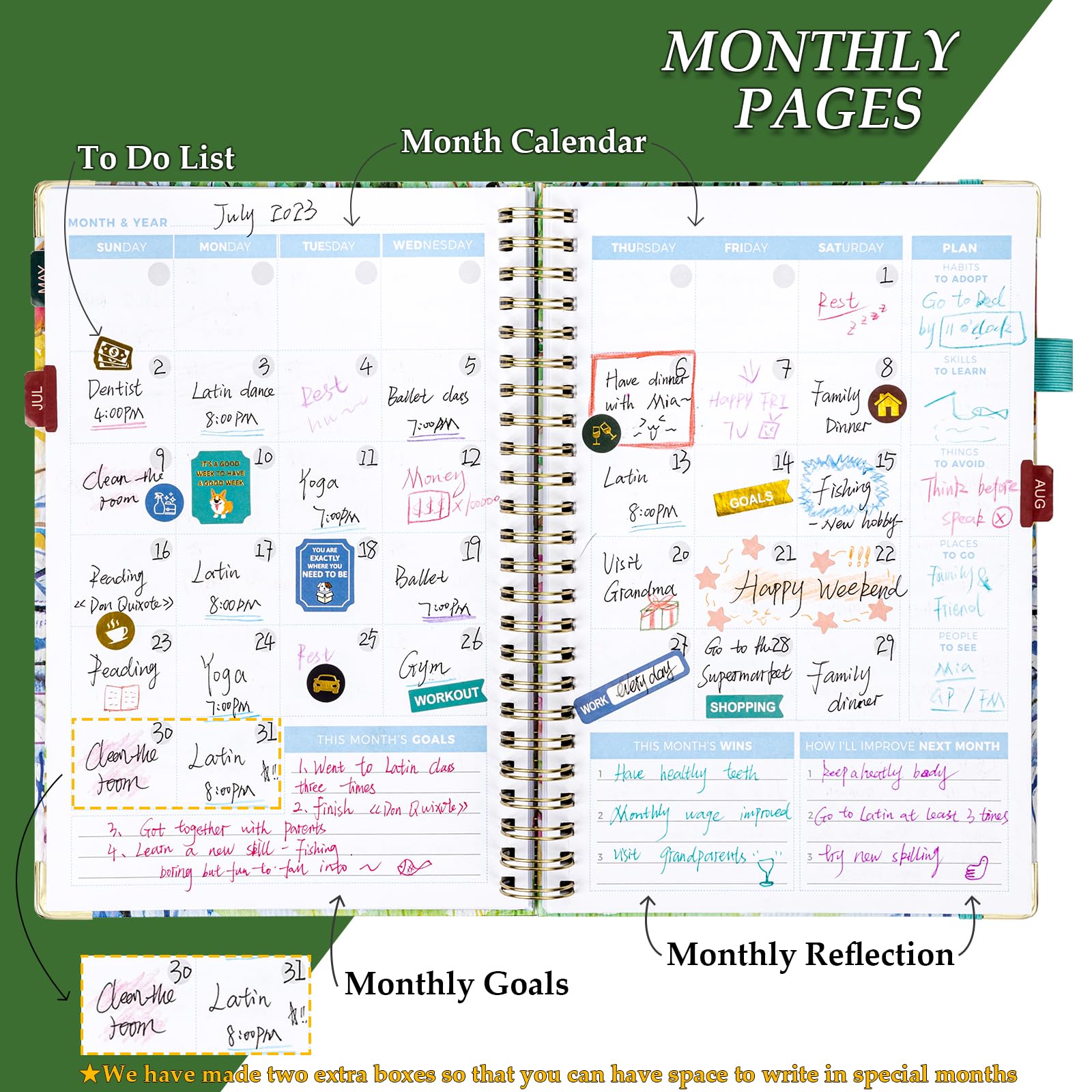 Ospelelf Weekly Planner with Stickers Undated Personal Monthly Life Goals Planners 2024 Agenda Notebook Hardcover Spiral Binding Habit Tracker Journal Booklet Size Season Tree Pattern