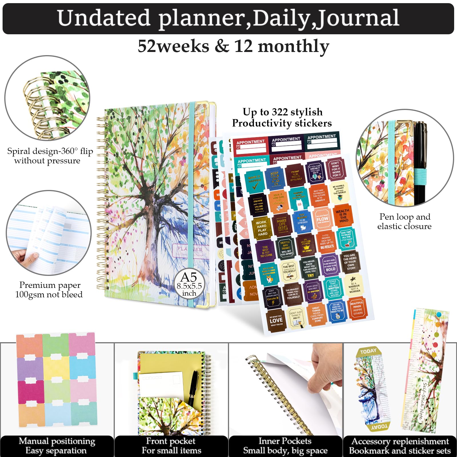 Ospelelf Weekly Planner with Stickers Undated Personal Monthly Life Goals Planners 2024 Agenda Notebook Hardcover Spiral Binding Habit Tracker Journal Booklet Size Season Tree Pattern