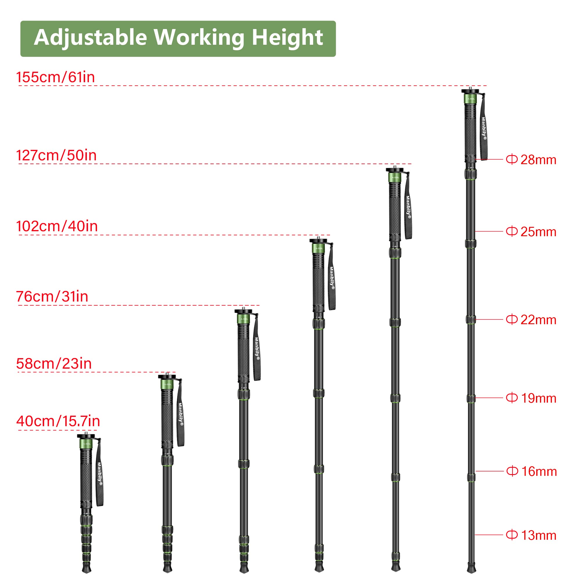 Manbily Camera Monopod Aluminum Portable Compact Lightweight Travel Monopod with Carrying Bag Walking Stick Handle,for DSLR Canon Nikon Sony Video Camcorder (Aluminum, Green&Black)