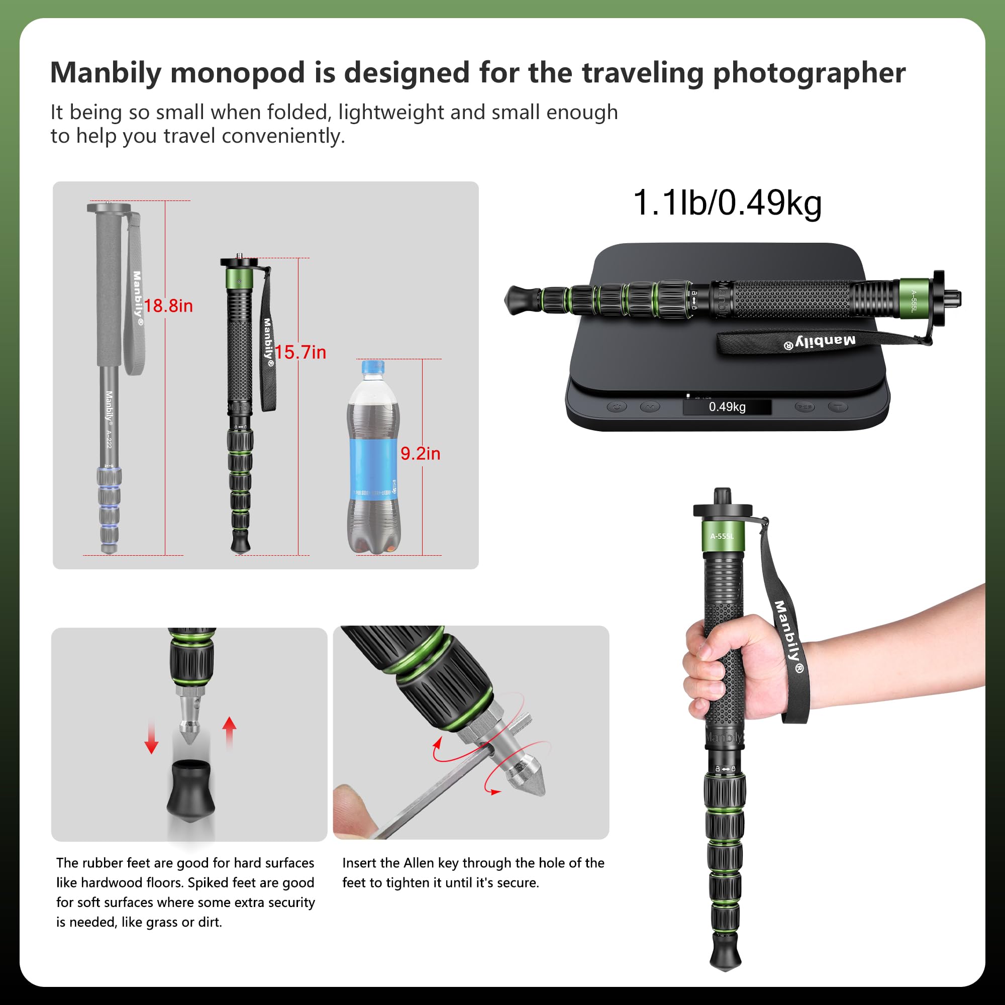 Manbily Camera Monopod Aluminum Portable Compact Lightweight Travel Monopod with Carrying Bag Walking Stick Handle,for DSLR Canon Nikon Sony Video Camcorder (Aluminum, Green&Black)