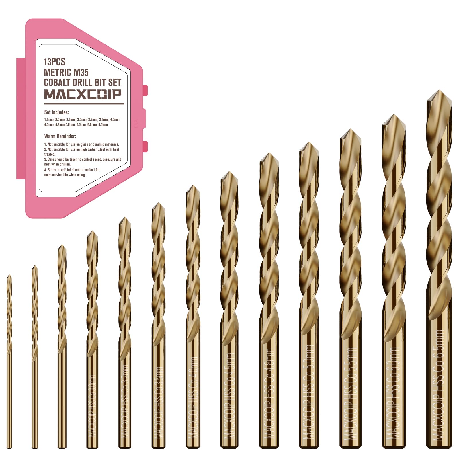 MACXCOIP Metric 13Pcs M35 Cobalt Drill Bit Set, 1.5mm-6.5mm HSS Cobalt Jobber Drill Bits, for Hardened Metals, Stainless Steel, Cast Iron and Wooden Plastics, with Plastic Index Storage Box