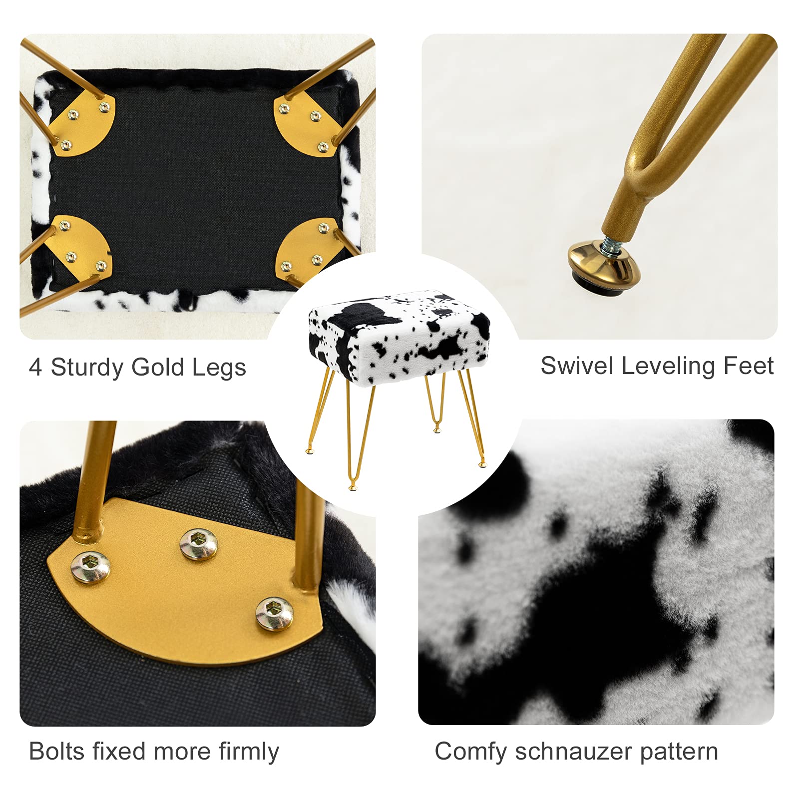 LUE BONA Modern Mink Square Footstool Vanity Bench, Cow Print Furry Faux Fur Stool with Gold Legs, Comfy Vanity Chair Ottoman Bench, Makeup Stools for Vanity, Fluffy Footrest for Bedroom, Living Room