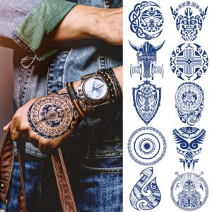 cuteliili 10 pcs viking face tattoo aztec tattoo for the back of hands and forearms, cool bule tribal tattoo sleeves men long lasting