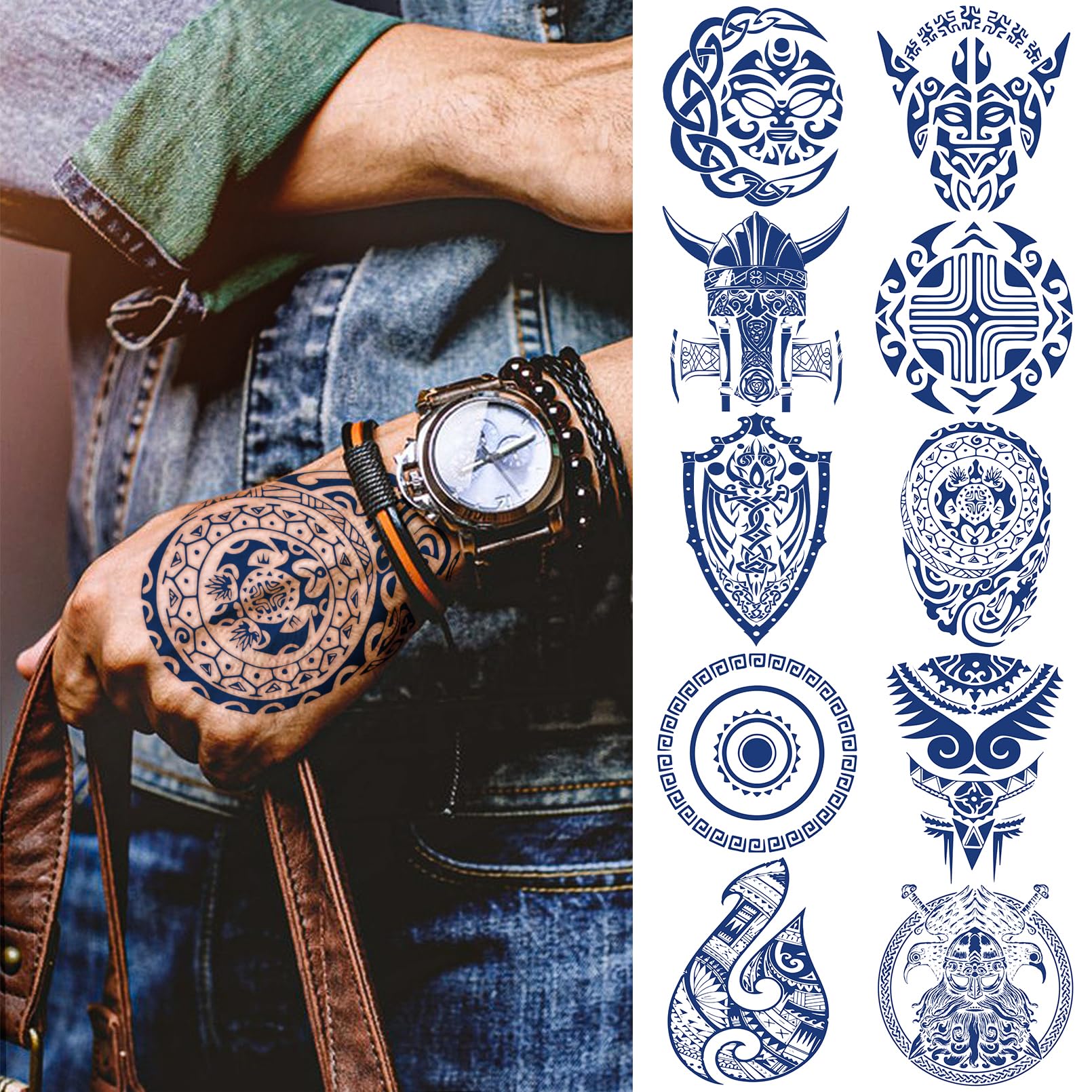 CUTELIILI 10 Pcs Viking Face Tattoo Aztec Tattoo for the Back of Hands and Forearms, Cool Bule Tribal Tattoo Sleeves Men Long Lasting