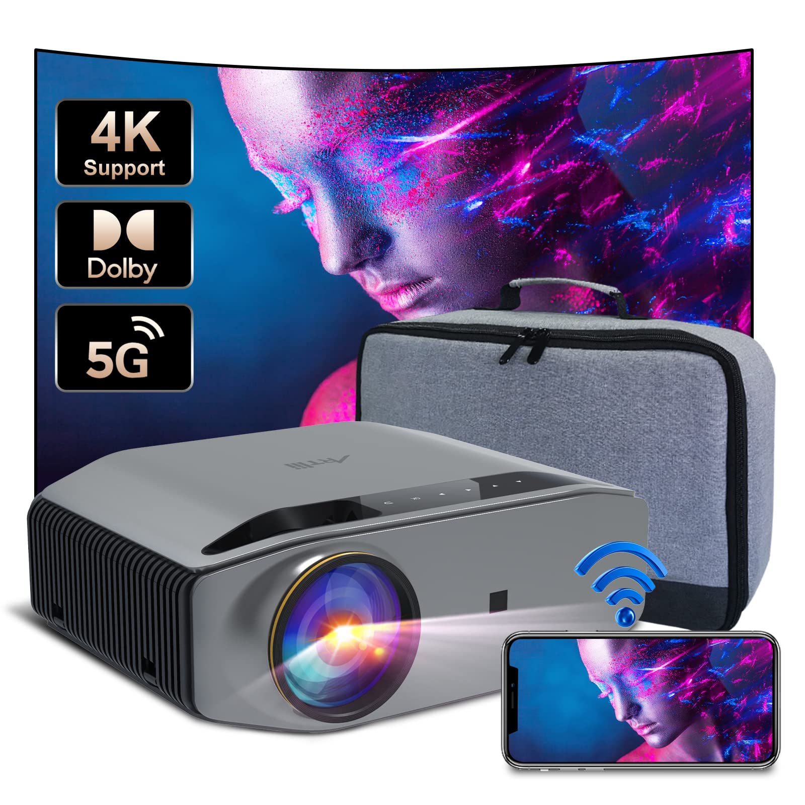 Auto Focus Smart Projector 4k Supported, Artlii Amento 5G WiFi Outdoor Projector, Bidirectional Bluetooth, Dolby Audio, FHD Auto Keystone Movie Projector with Built-in Netflix, YouTube, Prime Video