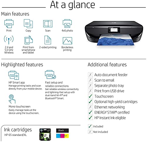 HP Envy 5055 Wireless Color Photo All-in-One Inkjet Printer - Print Scan Copy - 2.2" Touchscreen LCD, 10 ppm, 1200 x 1200 dpi, 8.5 x 14, Auto 2-Sided Printing, Borderless Printing, USB