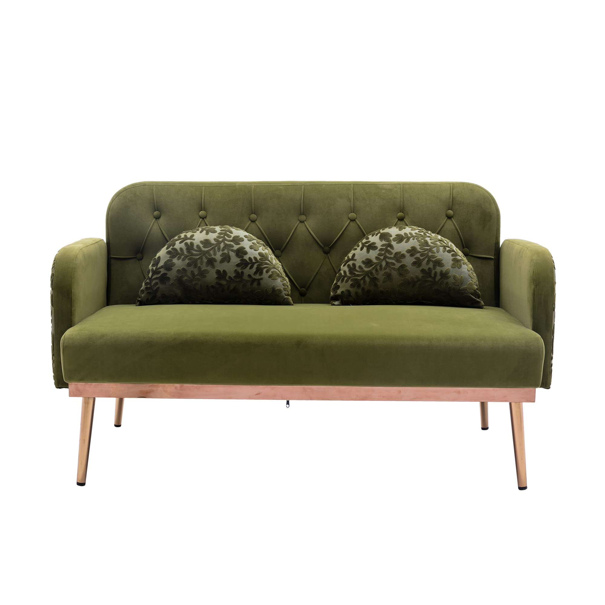 Anwickmak Twin Size Loveseat Accent Sofa Small Velvet Couch with Elegant Moon Shape 2 Pillows and Golden Metal Legs, for Living Room Bedroom Sofa with Tufted Backrest, (Green)