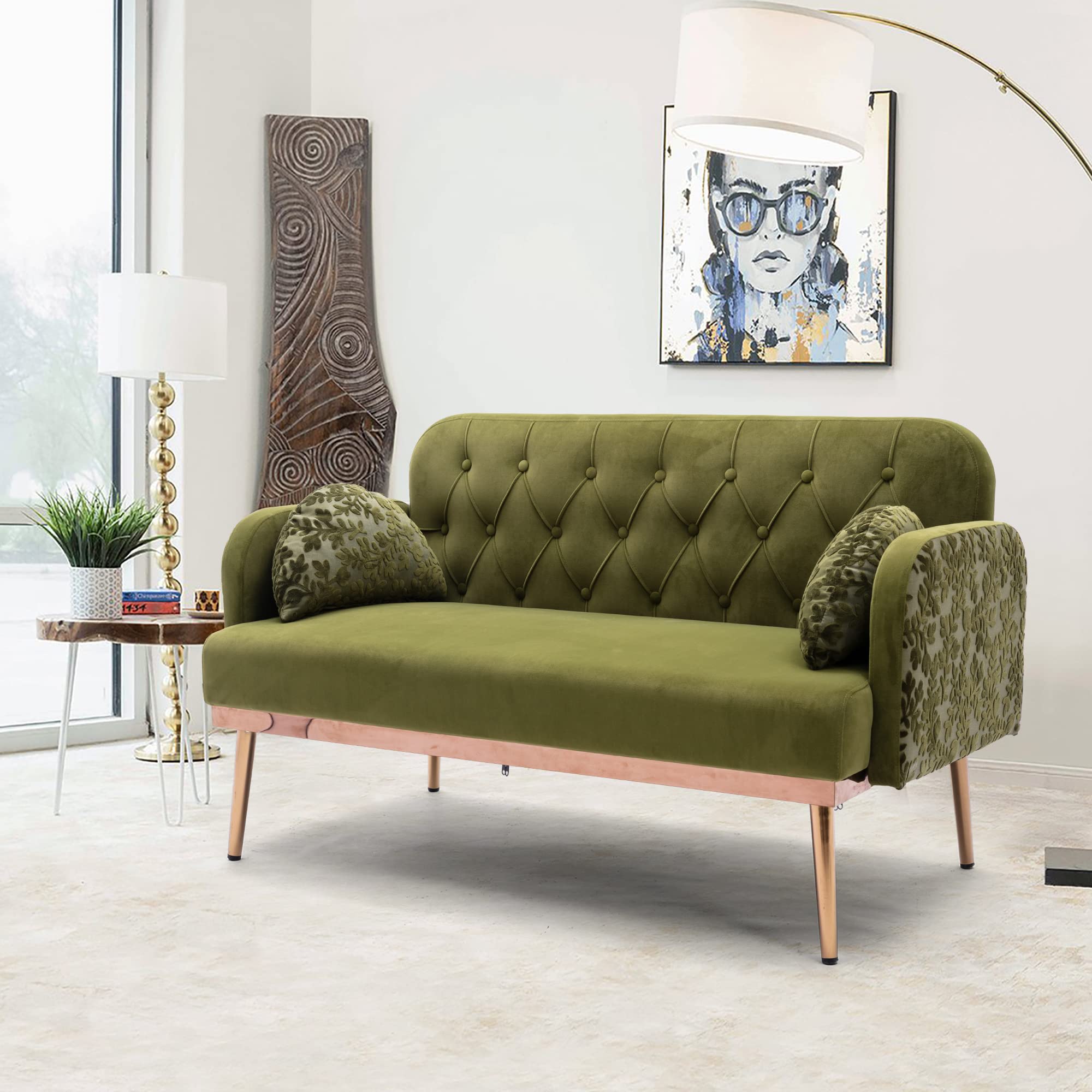 Anwickmak Twin Size Loveseat Accent Sofa Small Velvet Couch with Elegant Moon Shape 2 Pillows and Golden Metal Legs, for Living Room Bedroom Sofa with Tufted Backrest, (Green)