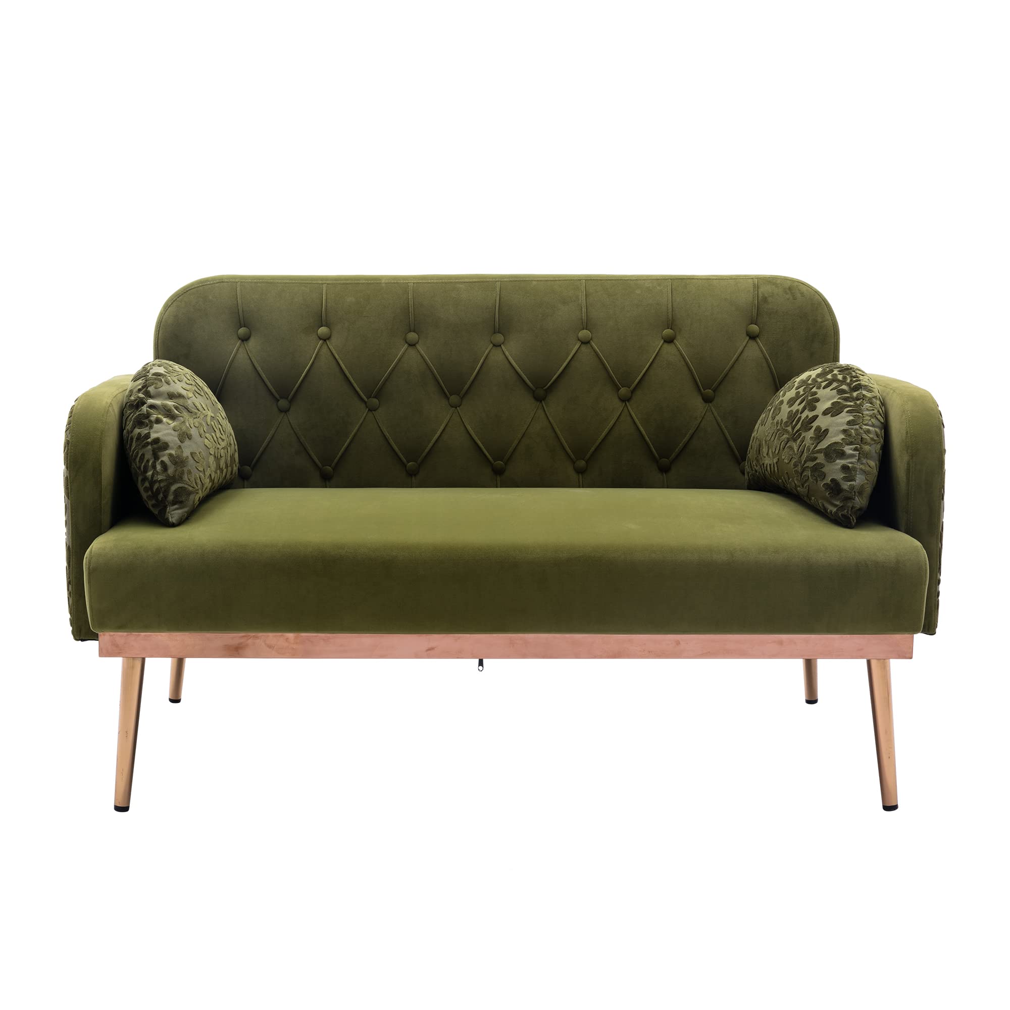 Anwickmak Twin Size Loveseat Accent Sofa Small Velvet Couch with Elegant Moon Shape 2 Pillows and Golden Metal Legs, for Living Room Bedroom Sofa with Tufted Backrest, (Green)