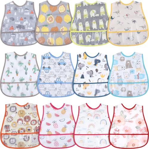 Jeyiour 24 Pcs Baby Waterproof Bibs with Food Catcher Adjustable Snaps Plastic Feeding Bibs for Toddlers, 6 to 36 Months