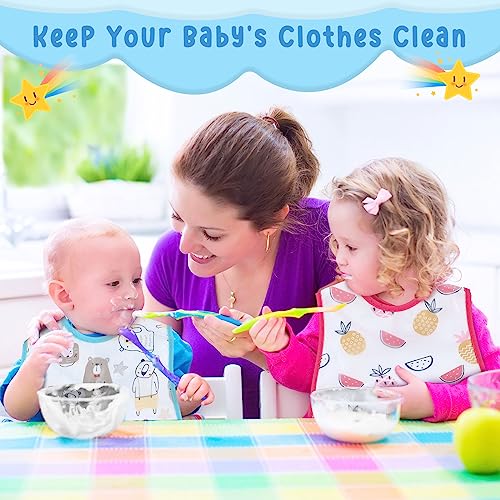 Jeyiour 24 Pcs Baby Waterproof Bibs with Food Catcher Adjustable Snaps Plastic Feeding Bibs for Toddlers, 6 to 36 Months