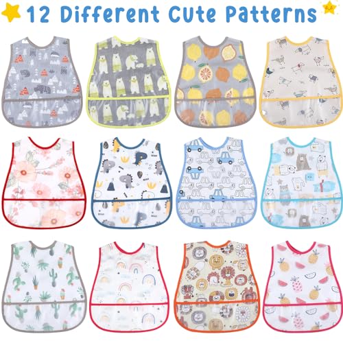 Jeyiour 24 Pcs Baby Waterproof Bibs with Food Catcher Adjustable Snaps Plastic Feeding Bibs for Toddlers, 6 to 36 Months