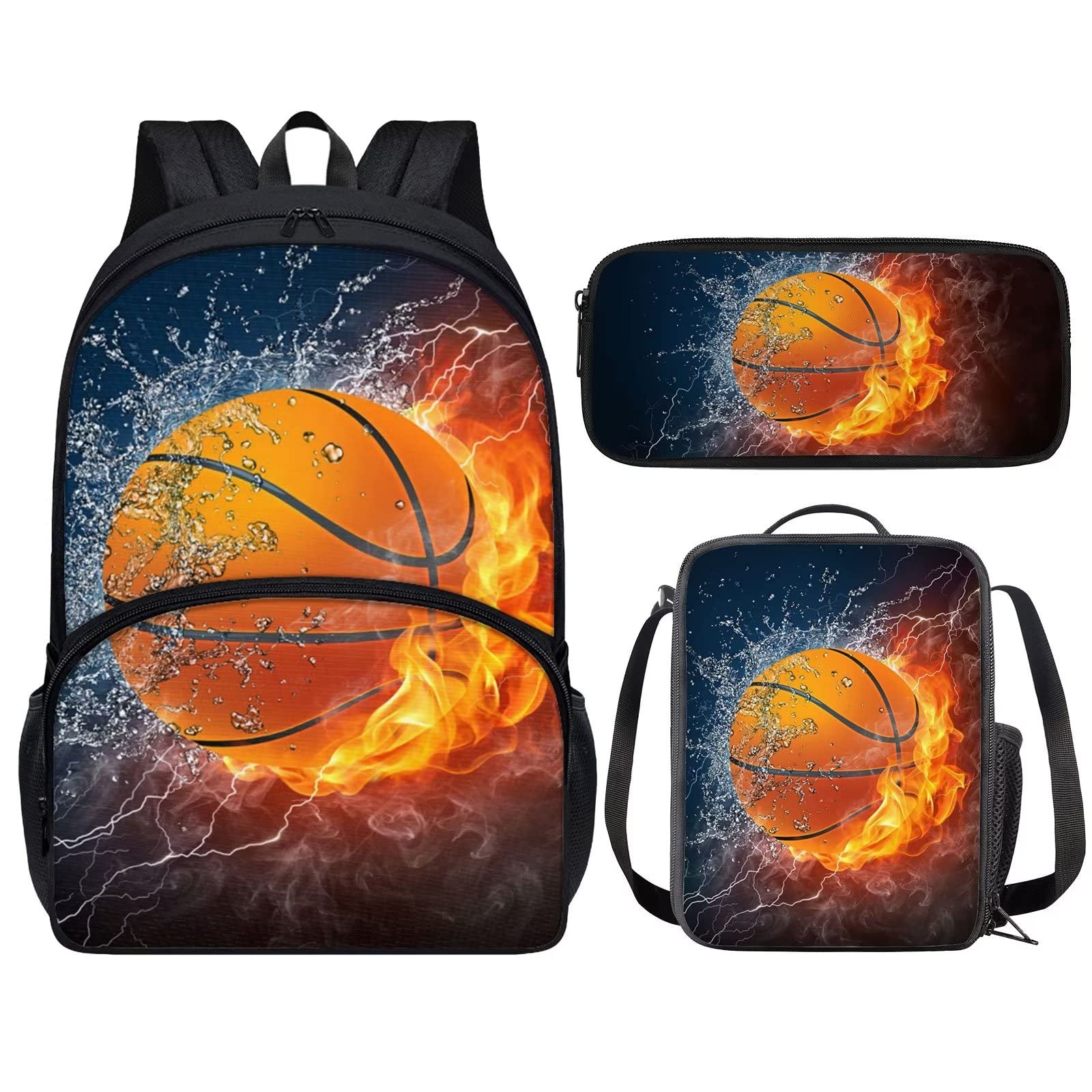 Showudesigns Basketball Backpack With Lunch Box for Boys School Bags 17 Inch Bookbag Primary School Supplies Kids Pencil Pouch Pen Box Lunchbag Packed With Bottle Pocket Stationery Bag Daypack