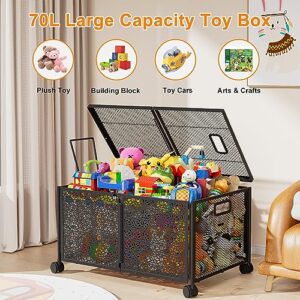 TOPCHASE Toy Box, Toy Storage Organizer 70L with Wheels and Lids, Collapsible Sturdy Metal Toy Chest for Stuffed Animal Storage, Kids Toy and Dog Toy, Black Toy Storage Bin for girls and boys, 1 Pack