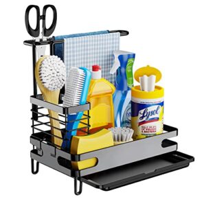 truoctdu sponge holder for kitchen sink, multifunctional sink caddy sponge dish brush scissor bottles dishcloth storage,no drilling sponge holder kitchen organizer with removable drain pan-black