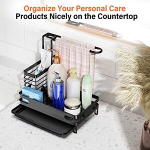 Truoctdu Sponge Holder for Kitchen Sink, Multifunctional Sink Caddy Sponge Dish Brush Scissor Bottles Dishcloth Storage,No Drilling Sponge Holder Kitchen Organizer with Removable Drain Pan-Black