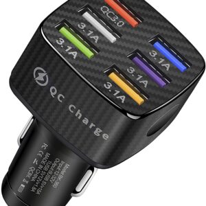 Car Charger Adapter - QC 3.0 and 5 Other Ports, 6 USB Multi-Port, Fast Charger, Car Charger Adapter Compatible with iPhone, Android, Tablet and Other USB Device