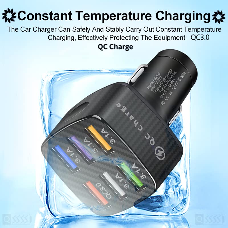 Car Charger Adapter - QC 3.0 and 5 Other Ports, 6 USB Multi-Port, Fast Charger, Car Charger Adapter Compatible with iPhone, Android, Tablet and Other USB Device