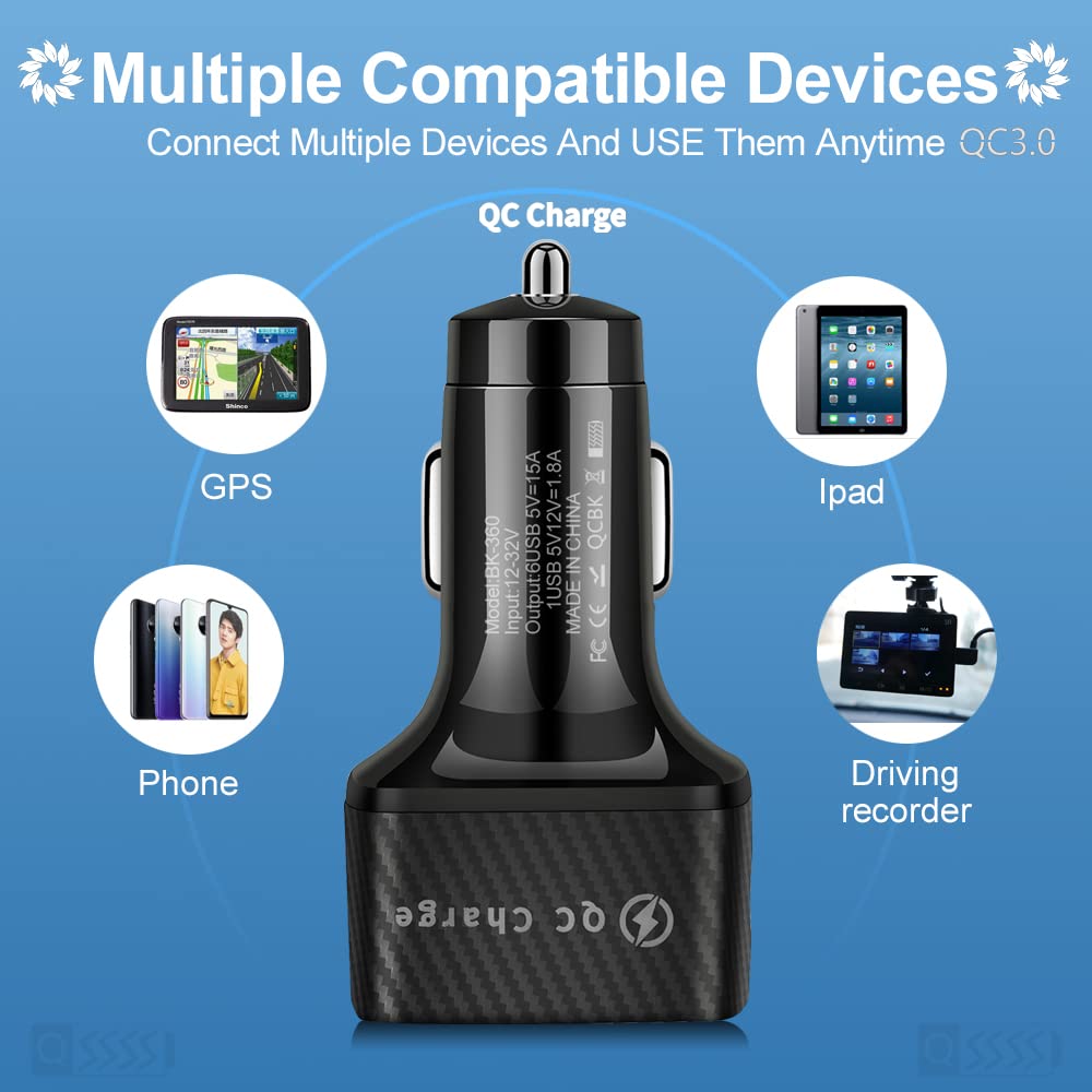 Car Charger Adapter - QC 3.0 and 5 Other Ports, 6 USB Multi-Port, Fast Charger, Car Charger Adapter Compatible with iPhone, Android, Tablet and Other USB Device