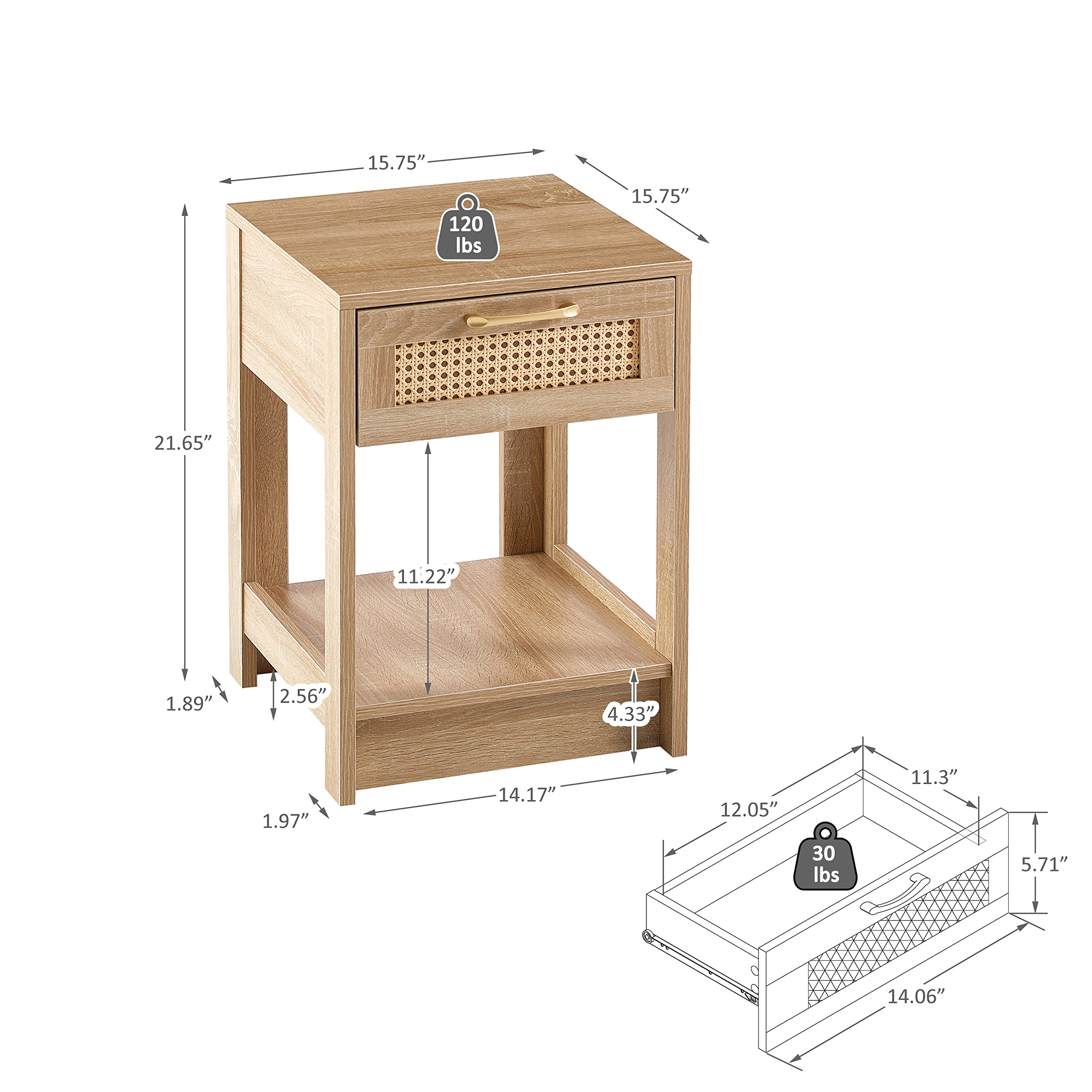 Meihua Rattan Nightstand, Boho Side Table with Handmade Rattan Decorated Drawer, Modern End Table for Bedroom, Living Room.