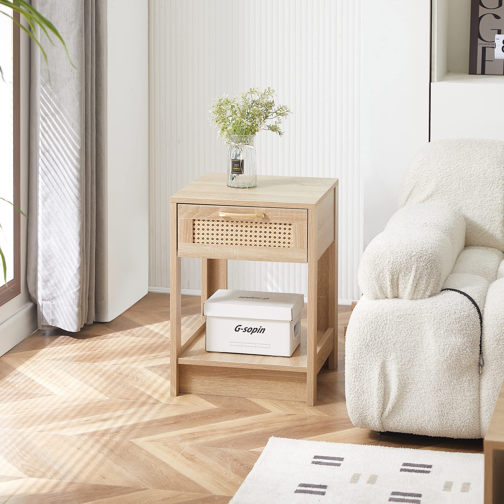 Meihua Rattan Nightstand, Boho Side Table with Handmade Rattan Decorated Drawer, Modern End Table for Bedroom, Living Room.