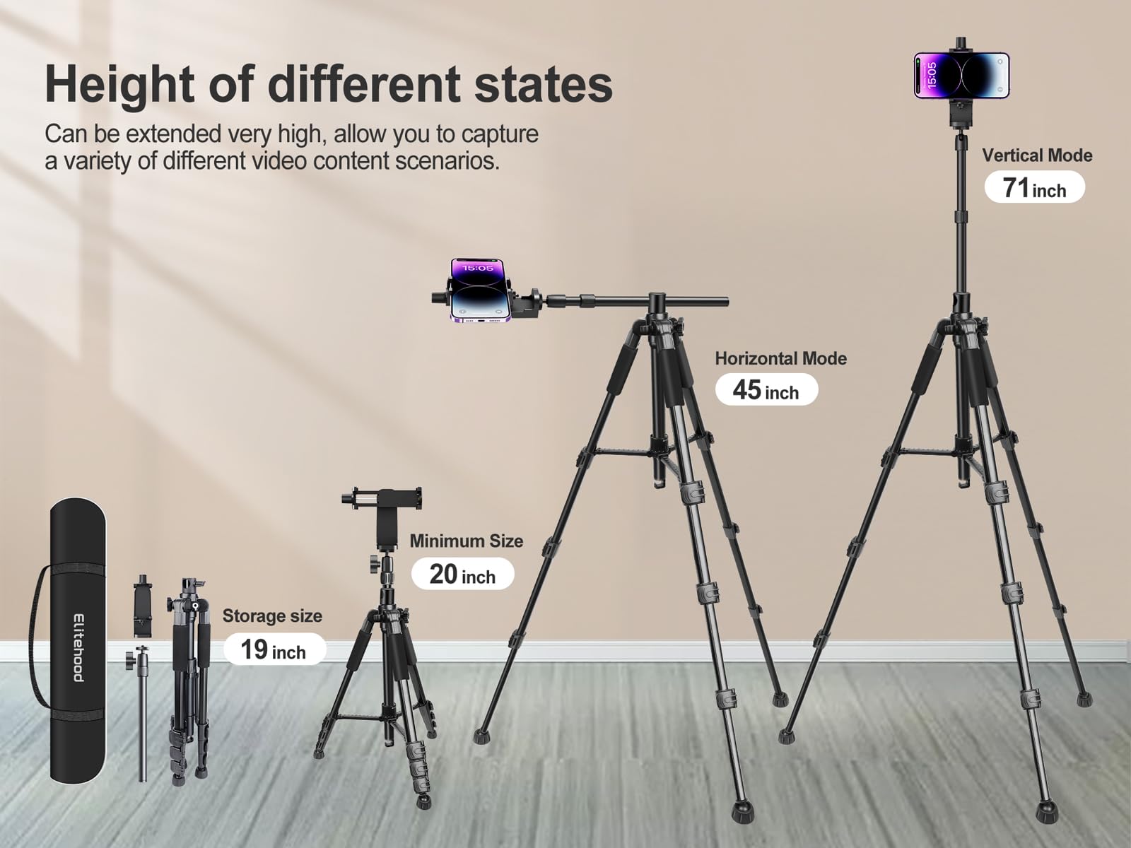 Elitehood Newest Ultra-Stable Overhead Tripod for iPhone – Heavy Duty Aluminum Tripod & 25in Horizontal Long Phone Arm, Tall Phone Stand Mount for Recording, 360°Adjustable iPhone Tripod Stand