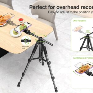 Elitehood Newest Ultra-Stable Overhead Tripod for iPhone – Heavy Duty Aluminum Tripod & 25in Horizontal Long Phone Arm, Tall Phone Stand Mount for Recording, 360°Adjustable iPhone Tripod Stand