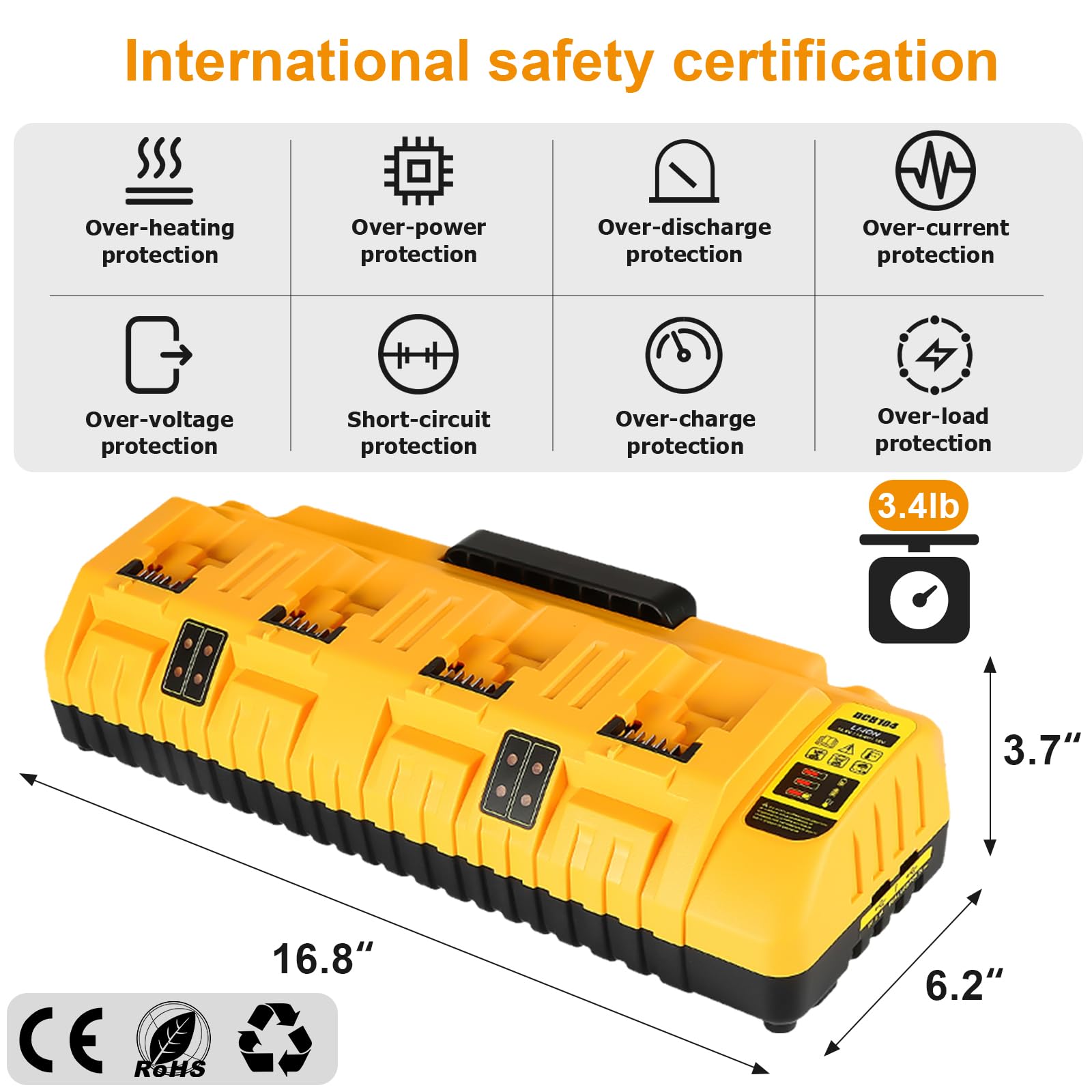 3.0A Fast Charging DCB104 Battery Charger Station for Dewalt Battery,Simultaneous Charging for 12V and 20V Max Battery, Compatible with DCB124 DCB126 DCB200 DCB205