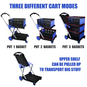 APOXCON Folding Shopping Cart, Two Tier Collapsible Cart with One Crate, Heavy Duty Utility Cart with 360° Rolling Swivel Wheels Multiple Uses Folding Trolley for Shopping, Picnic and Office