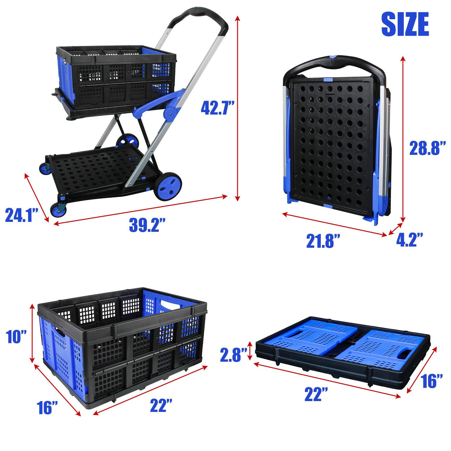 APOXCON Folding Shopping Cart, Two Tier Collapsible Cart with One Crate, Heavy Duty Utility Cart with 360° Rolling Swivel Wheels Multiple Uses Folding Trolley for Shopping, Picnic and Office